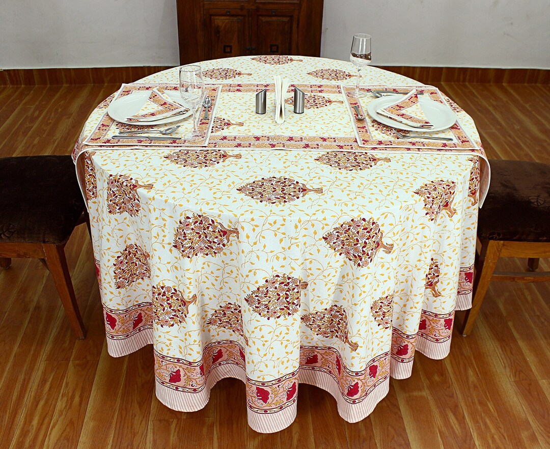 Red and White Floral Round Tablecloth, Indian Block Print Round Table ...