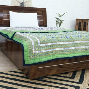 Green and Blue Organic Cotton Handmade Quilted Razai, Floral Block ...
