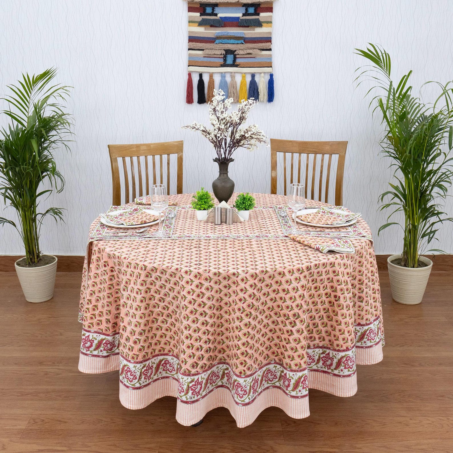 Homespuncraft, Floral Block Print Round Tablecloth - Orange Color ...