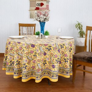 Yellow Round Tablecloth, India Block Print, Floral Cotton Tablecloth ...