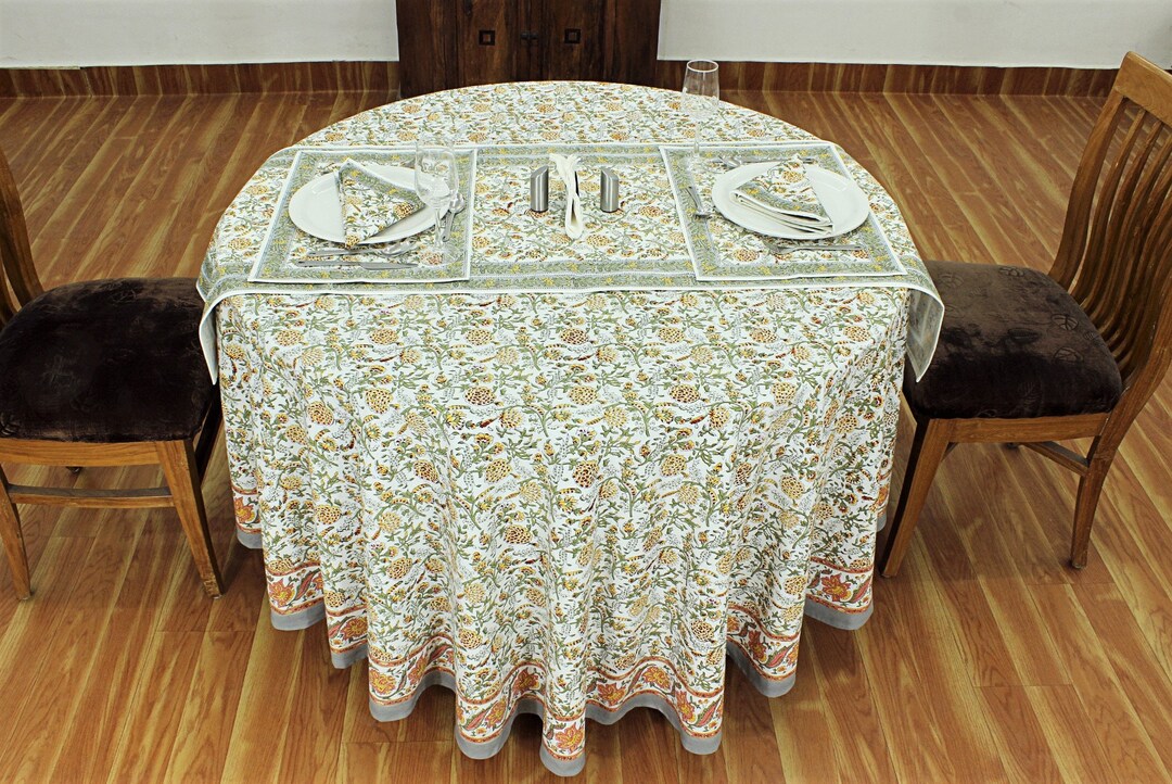 Grey and White Floral Block Printed Table Cloth, Round Table Cloth ...