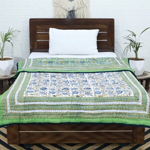 Green and Blue Organic Cotton Handmade Quilted Razai, Floral Block ...