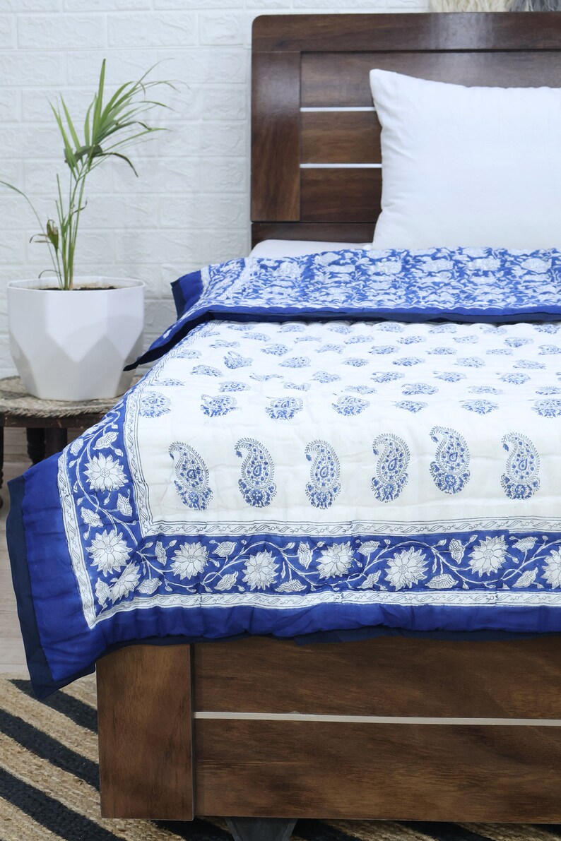 Blue and White Indian Hand Block Printed Cotton Quilts for Single Bed ...