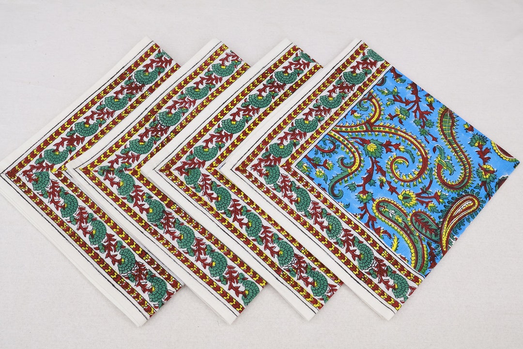 Cyan Blue and Red Brown Hand Block Printed Cotton Cloth Napkins ...
