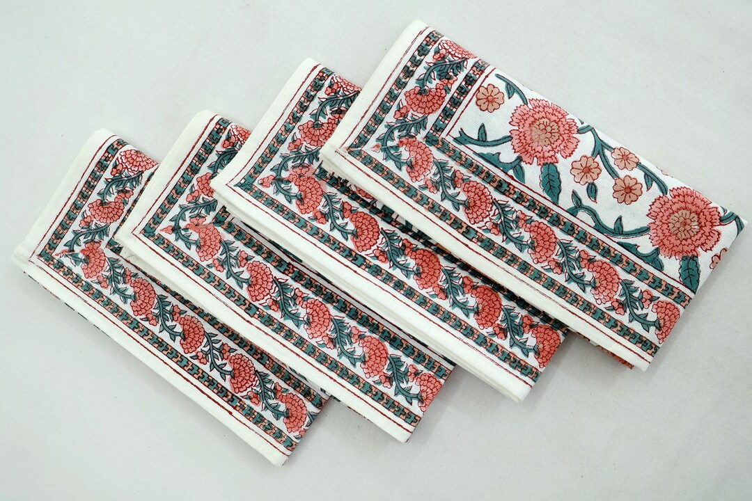 Pinkish Red Indian Hand Block Floral Printed Cotton Table Napkins ...