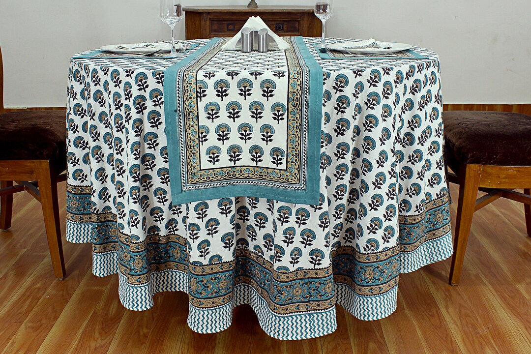 Teal Blue and White Floral Table Cloth, Block Printed Table Cover ...