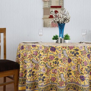 Yellow Round Tablecloth, India Block Print, Floral Cotton Tablecloth ...
