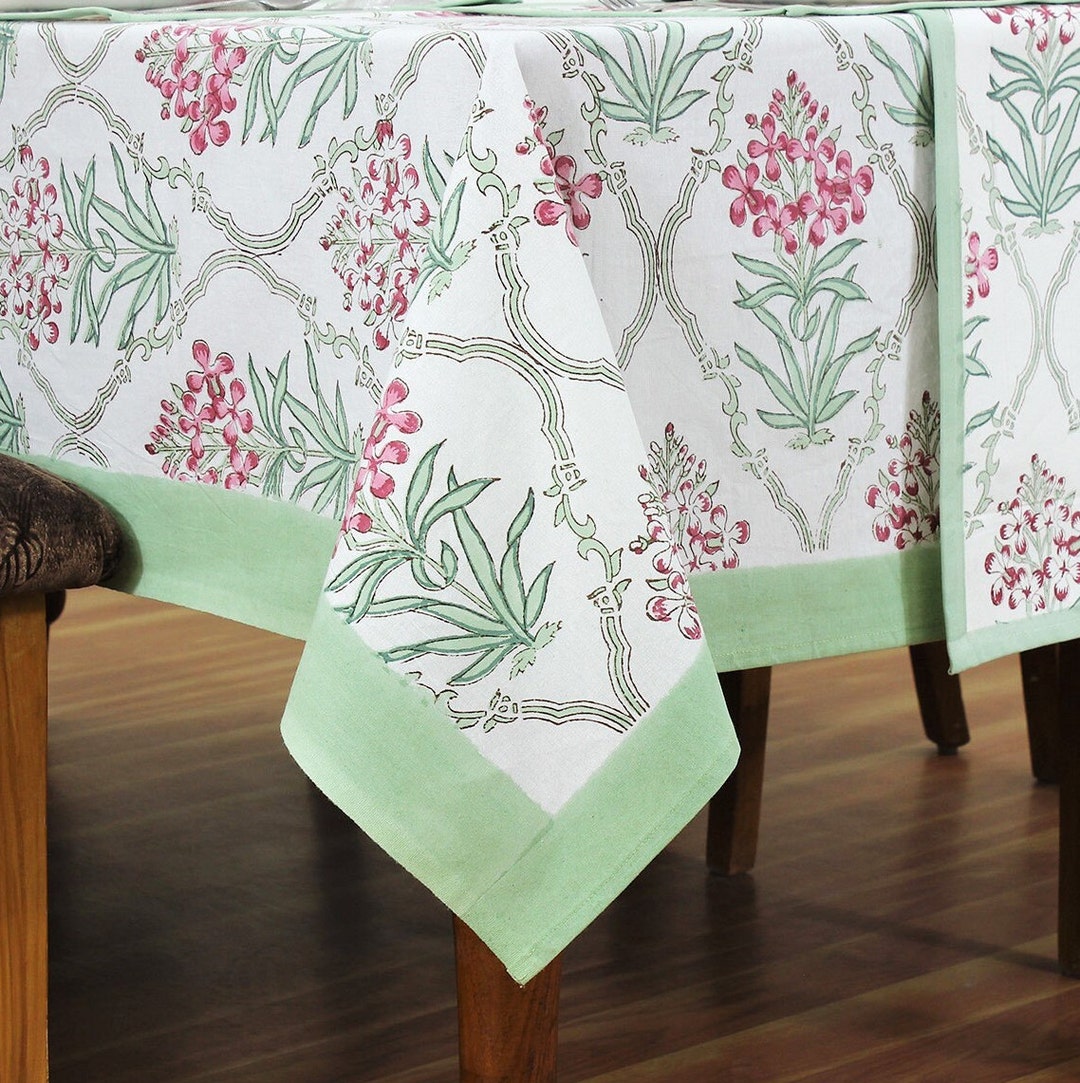 Green & White Dining Tablecloth, Cotton Table Cover, Housewarming Gift ...