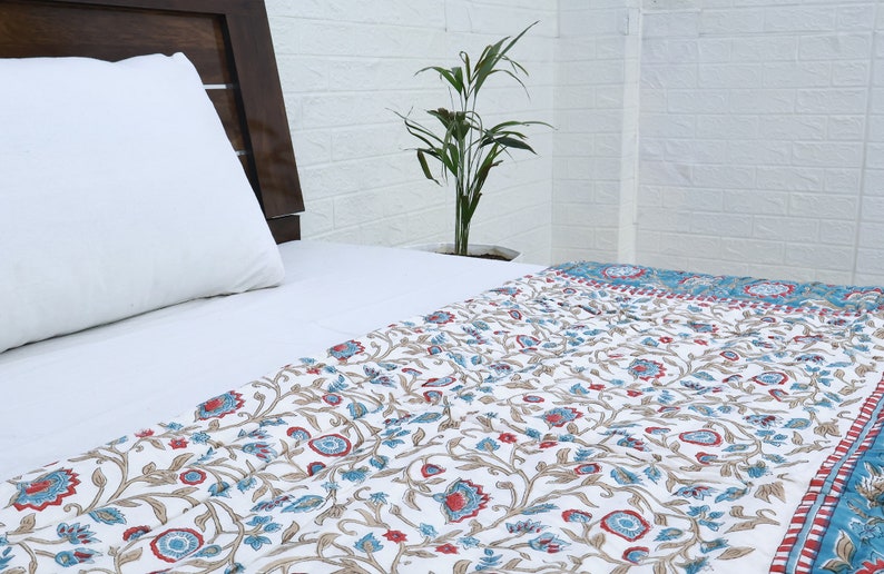 Blue Color Block Print Quilt King Queen Quilt, Handmade Jaipur Quilt ...