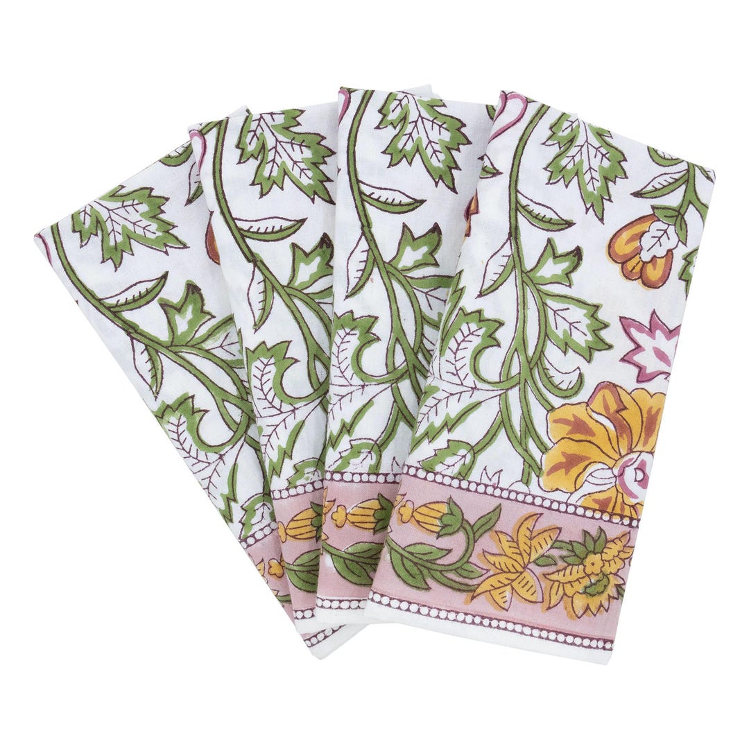 Orange and Pink Floral Indian Hand Block Printed Cotton Cloth Napkins ...