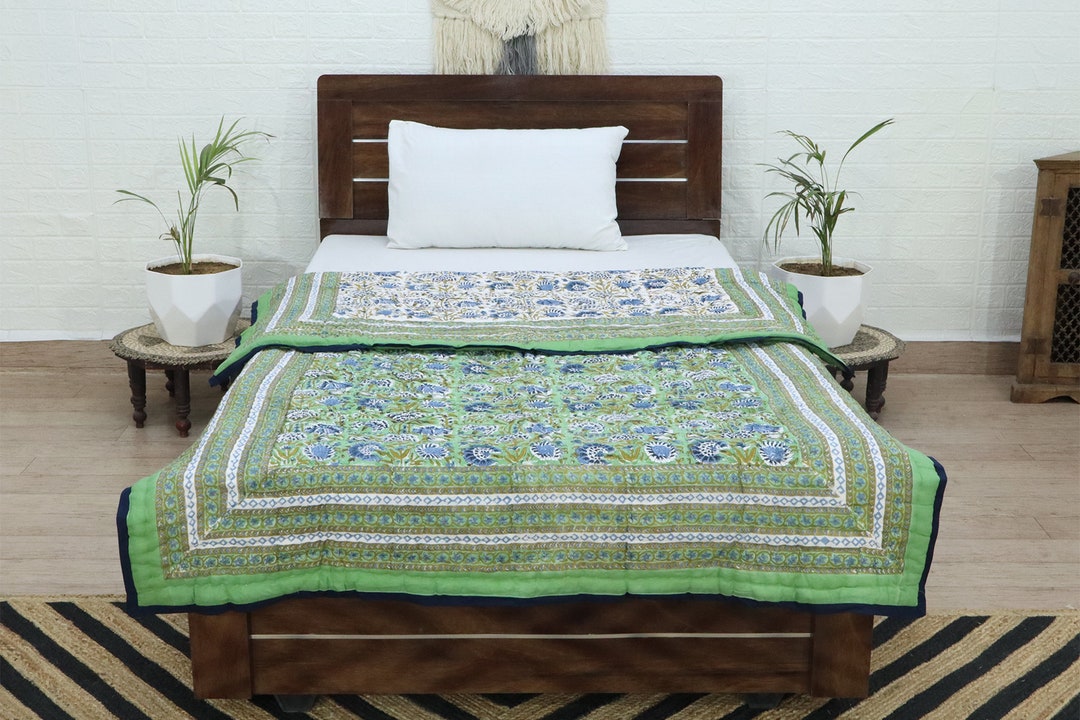 Green and Blue Organic Cotton Handmade Quilted Razai, Floral Block ...