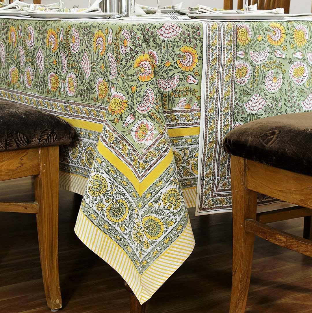 Green and Yellow Dining Table Cloth, Classic Table Cover, Block Printed ...