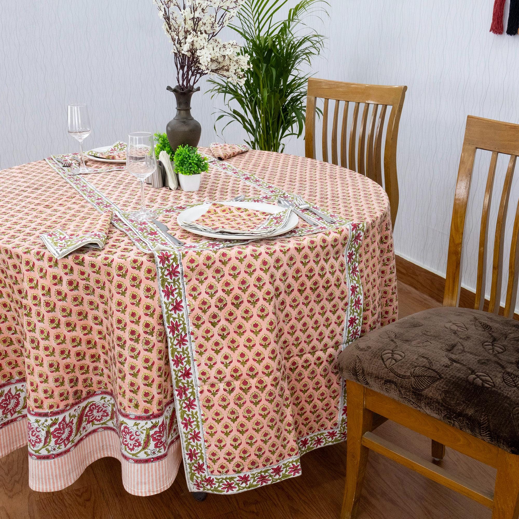 Homespuncraft, Floral Block Print Round Tablecloth - Orange Color ...