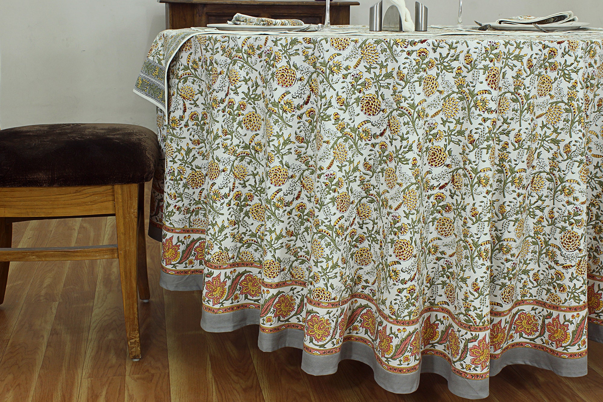 Grey and White Dining Table Linens Round Table Cloth Floral - Etsy