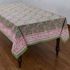Hand Block Printed Cotton Tablecloth: Pink & Green Floral Dining Decor ...