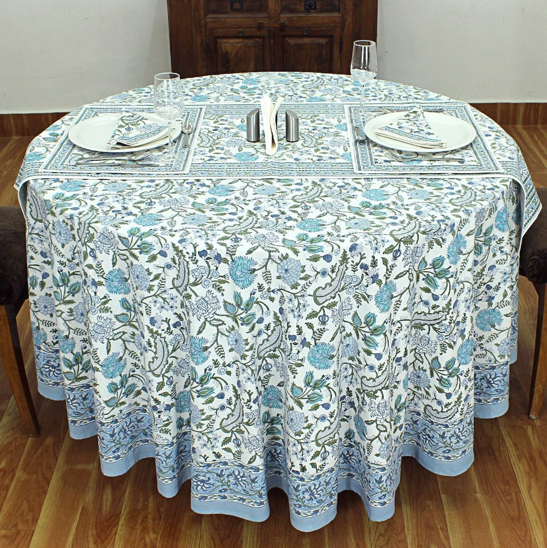Baby Blue and White Floral Block Printed Table Cover, Round Tablecloth ...