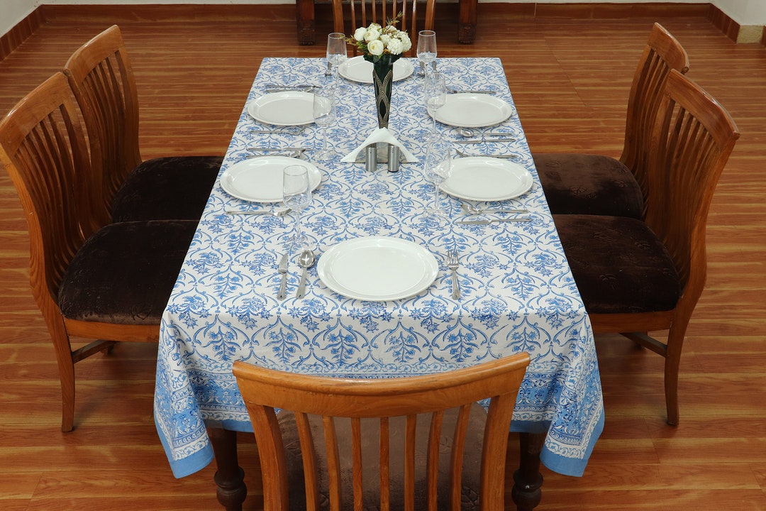 Cyan Blue and White Rectangle Table Cover, Floral Tablecloth, Block ...