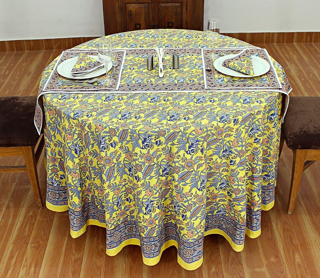 Yellow and Bule Boho Table Linens Indian Hand Block Printed - Etsy
