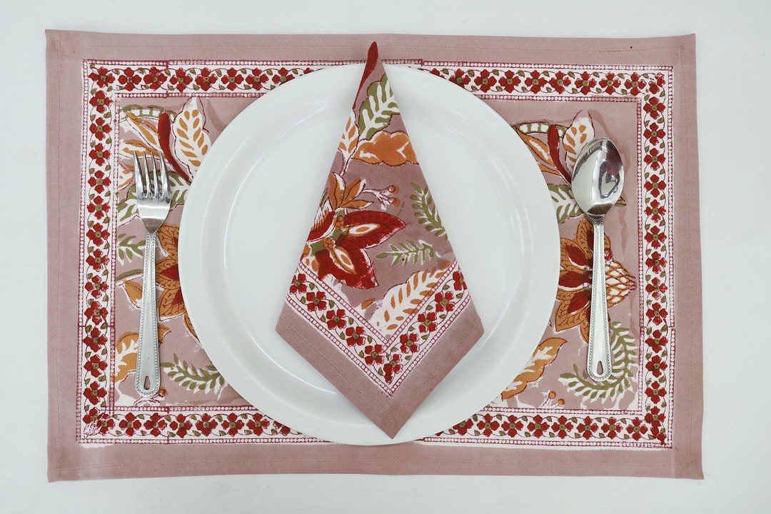 Rosy Brown and Orangey Red Indian Hand Block Printed Table Napkins ...