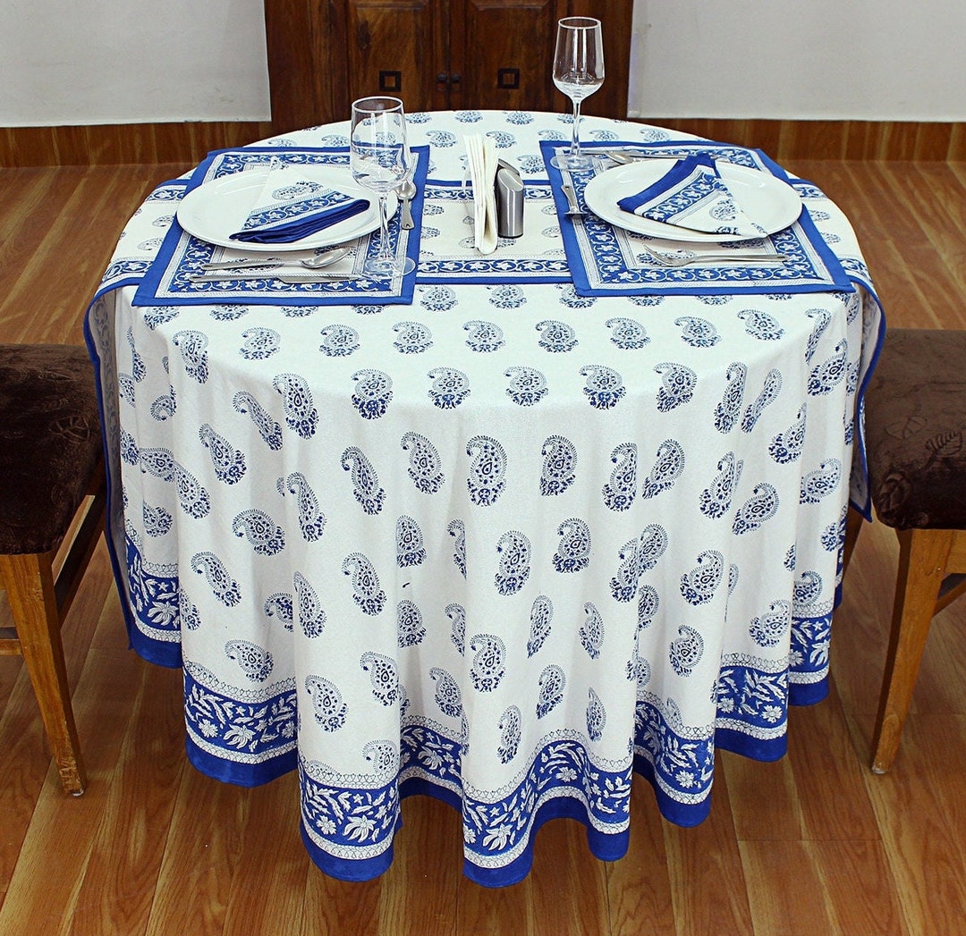 Blue Floral Round Tablecloth, Indian Block Print Round Table Cover ...