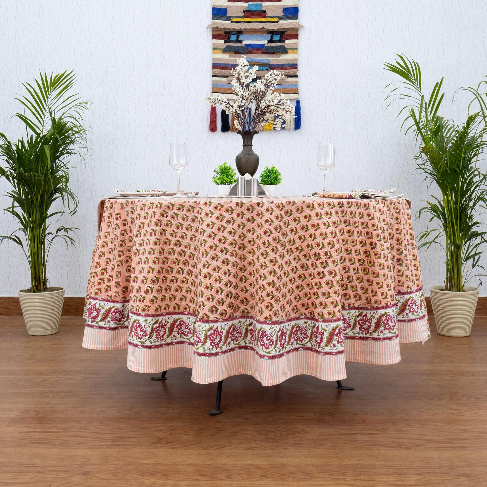 Homespuncraft, Floral Block Print Round Tablecloth - Orange Color ...
