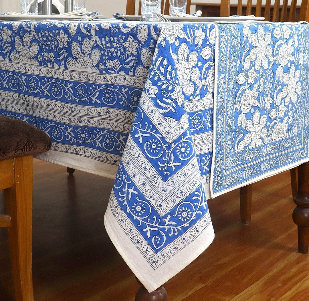 Cerulean Blue Base and White Floral Hand Block Printed Cotton ...