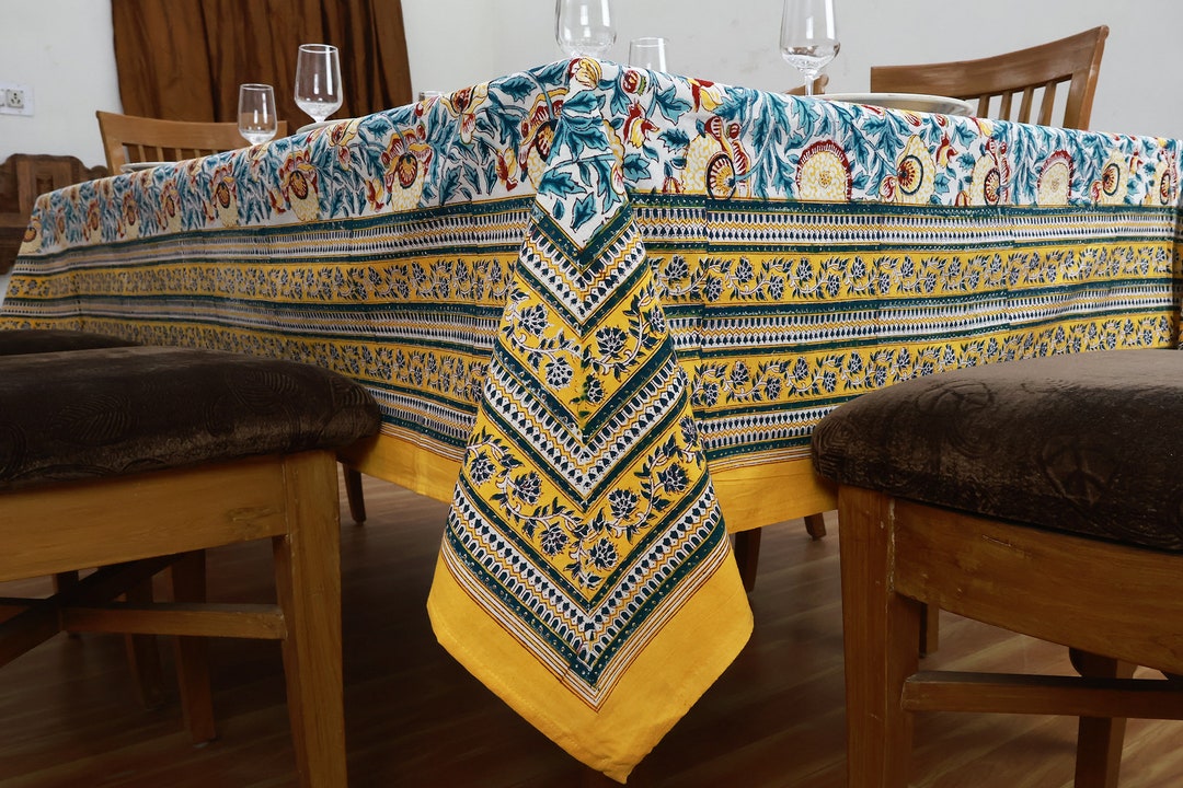 Green and Yellow Floral Table Cloth, Block Print Table Cover, Cotton ...