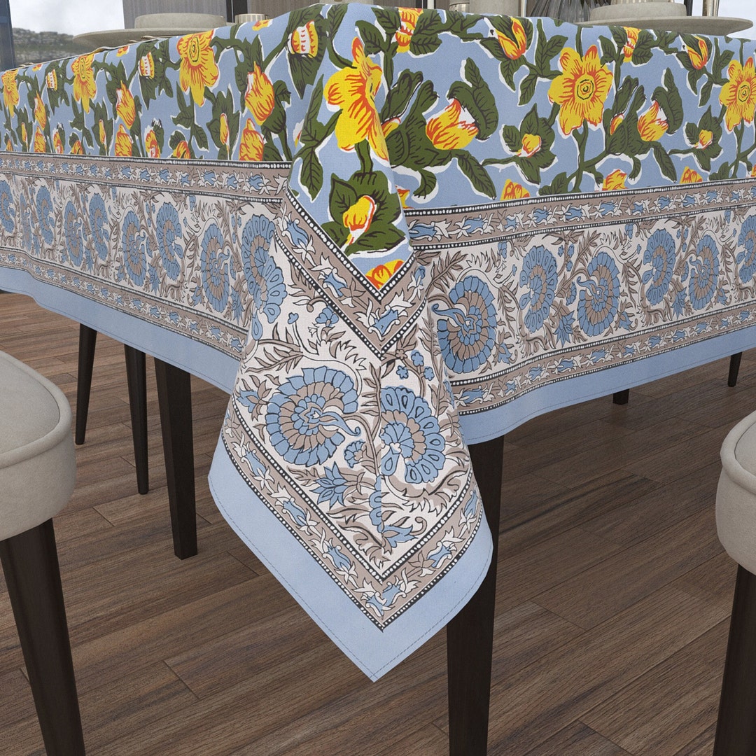 Yellow and Blue Floral Block Printed Table Cloth, Dining Table Decor ...