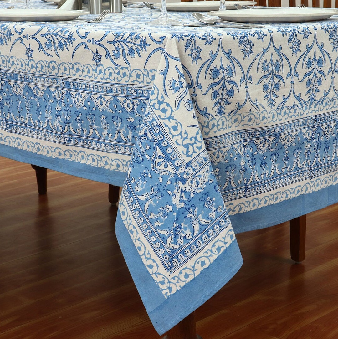 Cyan Blue and White Rectangle Table Cover, Floral Tablecloth, Block ...