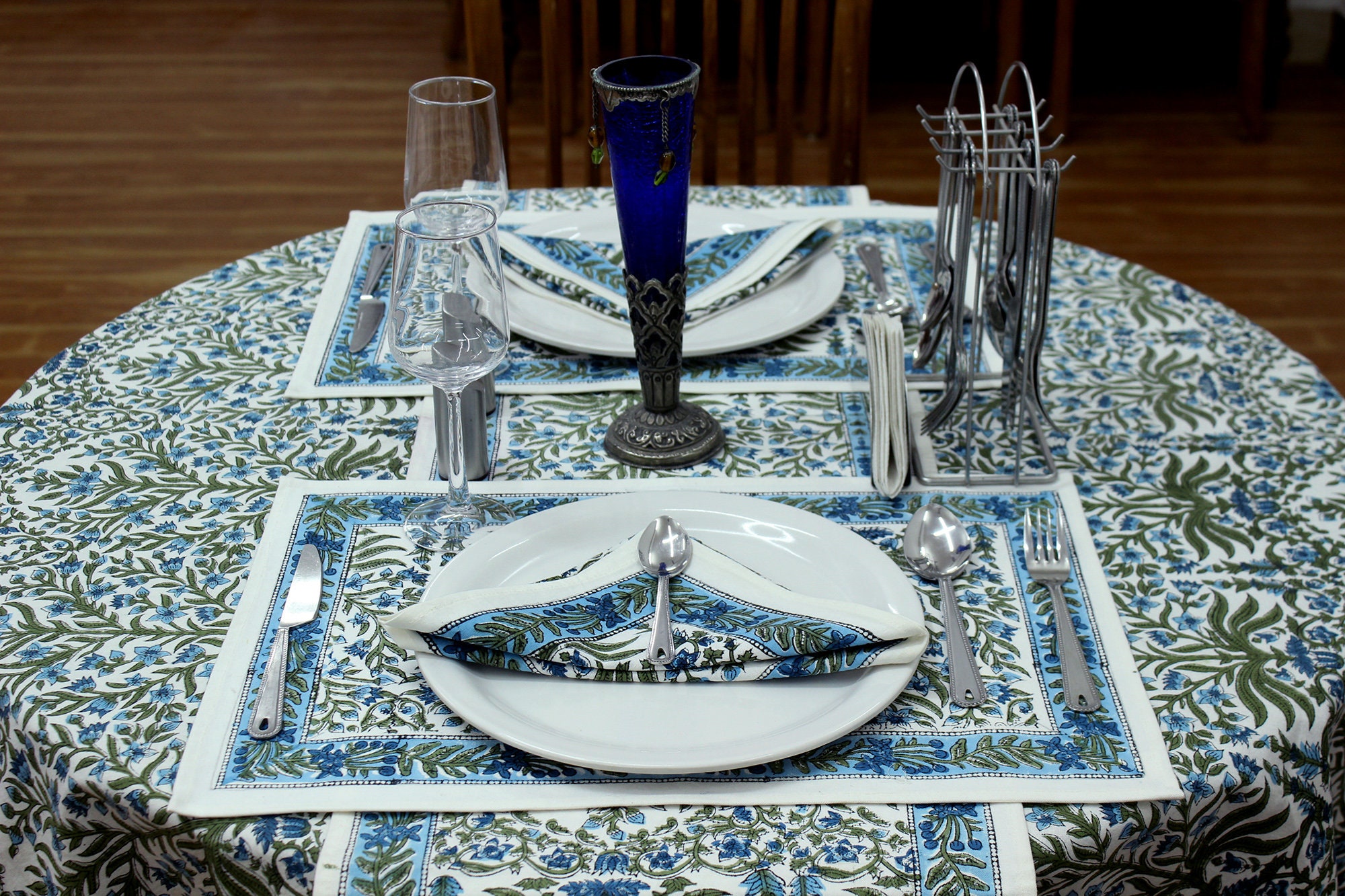 Blue and Green Floral Round Tablecloth Indian Block Print - Etsy