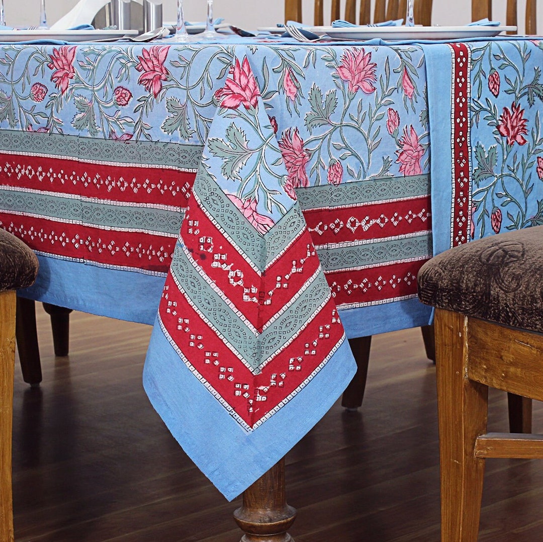 Glacier Blue and Faded Pink Hand Block Printed Cotton Tablecloth, Table ...