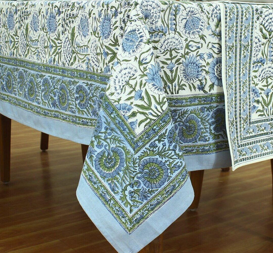 Blue and White Dining Table Cover, Indian Hand Block Printed Tablecloth ...