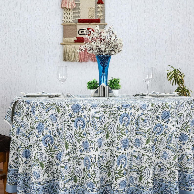 Blue and White Dining Tablecloth, 100% Pure Cotton Table Cover, Wedding ...