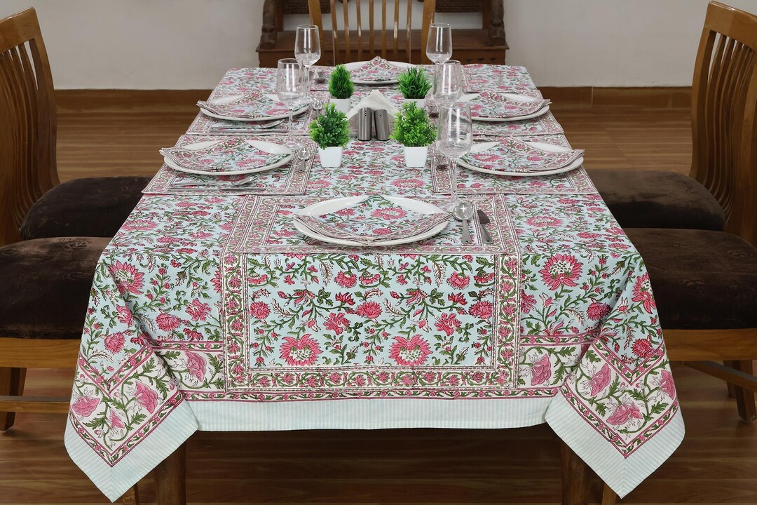 Pink and Green Indian Hand Block Printed Cotton Tablecloth, Floral ...