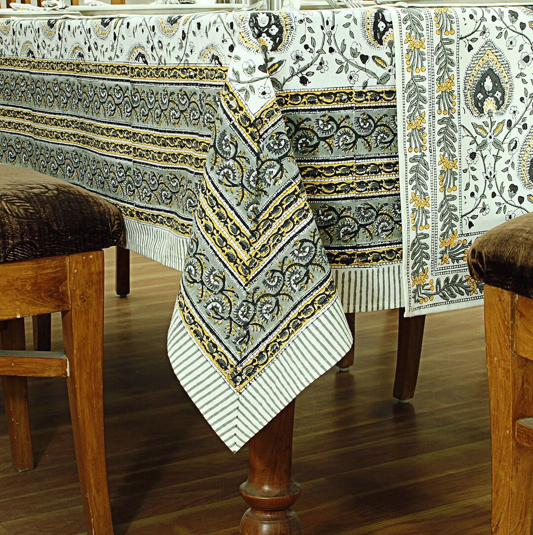 Grey and White Indian Hand Block Printed Tablecloth, Table Cover, Linen ...