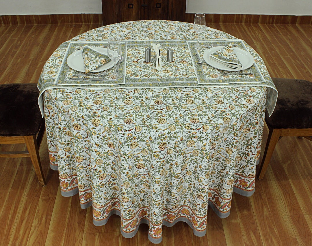 Grey and White Dining Table Linens Round Table Cloth Floral - Etsy
