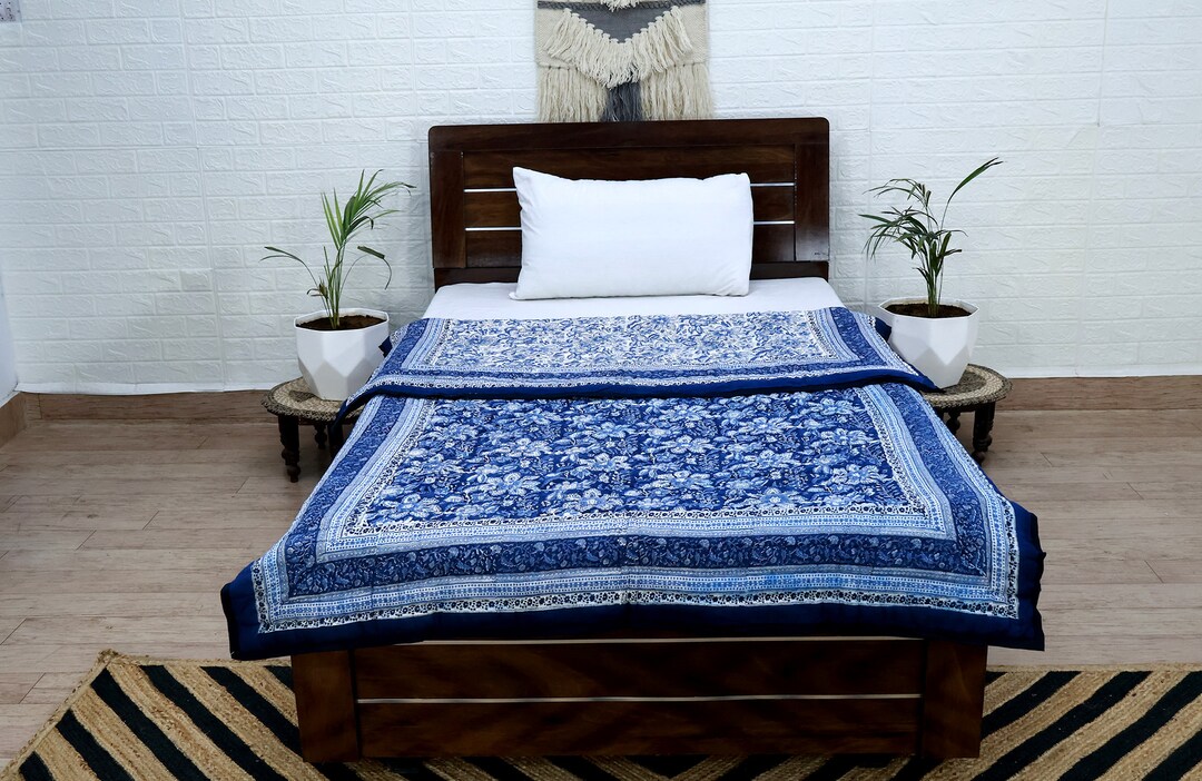 Blue Hand Block Print Quilt, Indian Reversible Razai Cotton Handmade ...