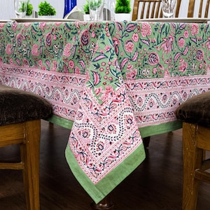 Hand Block Printed Cotton Tablecloth: Pink & Green Floral Dining Decor ...