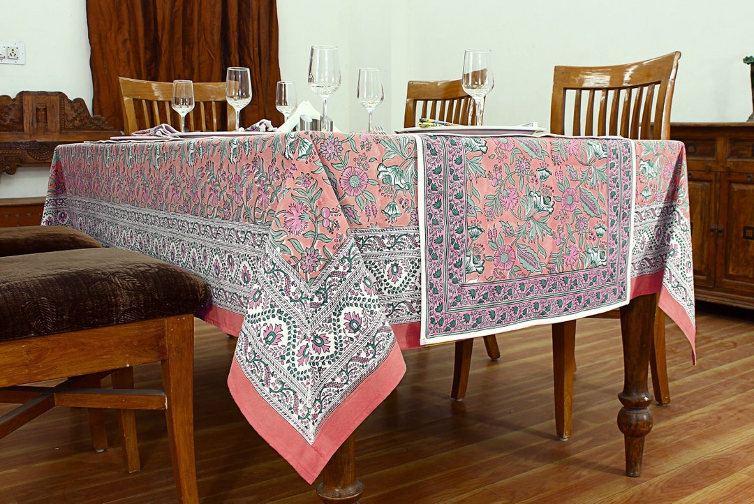Pink and Green Indian Hand Block Floral Printed Pure Cotton Tablecloth ...