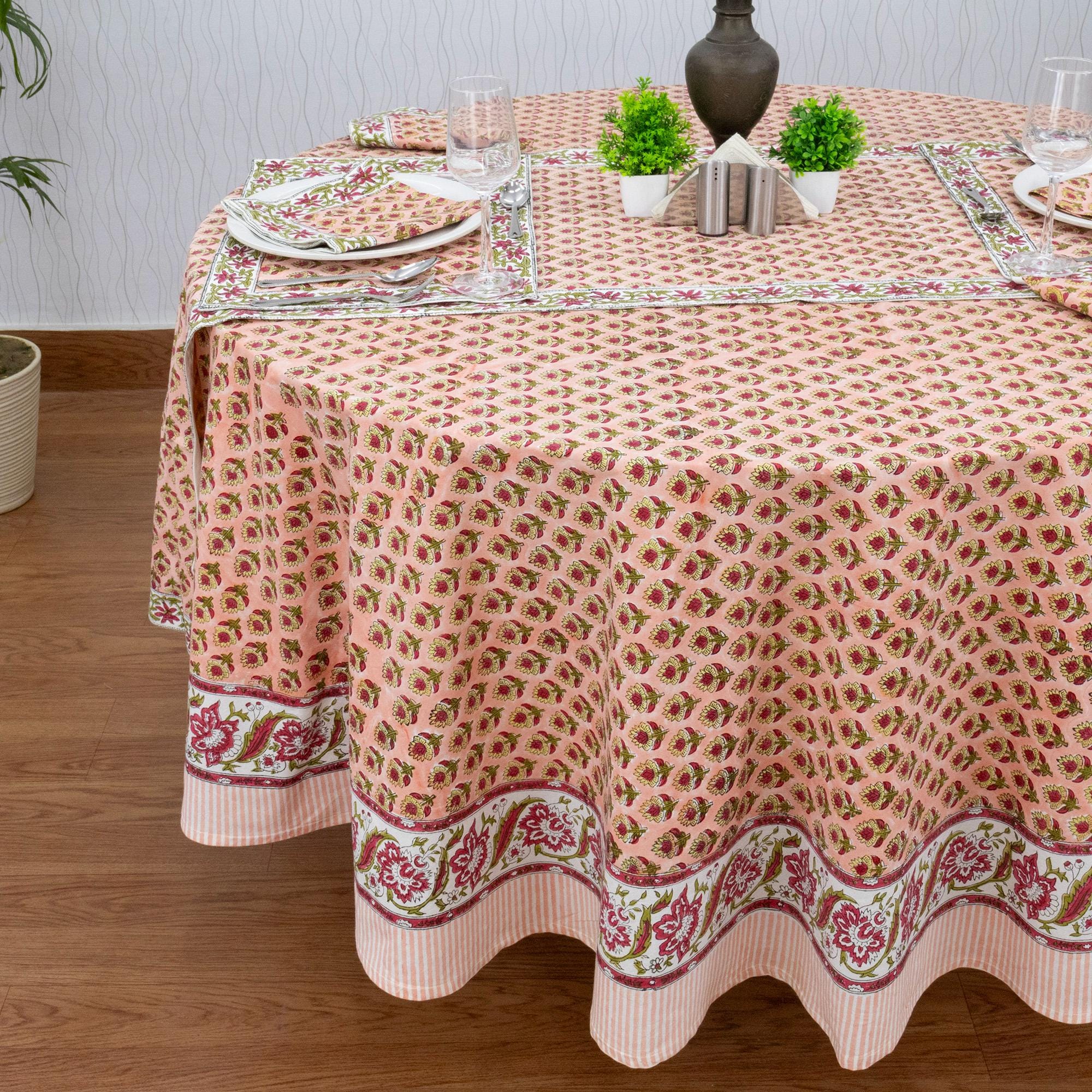 Homespuncraft, Floral Block Print Round Tablecloth - Orange Color ...