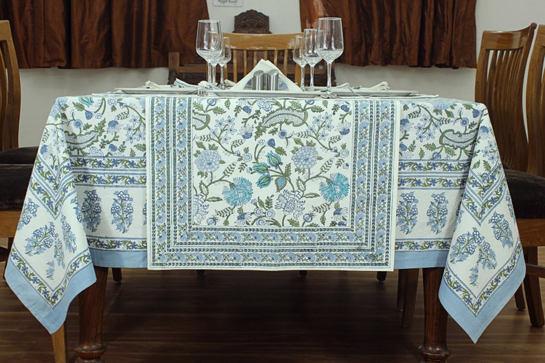 Baby Blue and White Block Printed Table Cloth Rectangular - Etsy