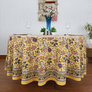 Yellow Round Tablecloth, India Block Print, Floral Cotton Tablecloth ...