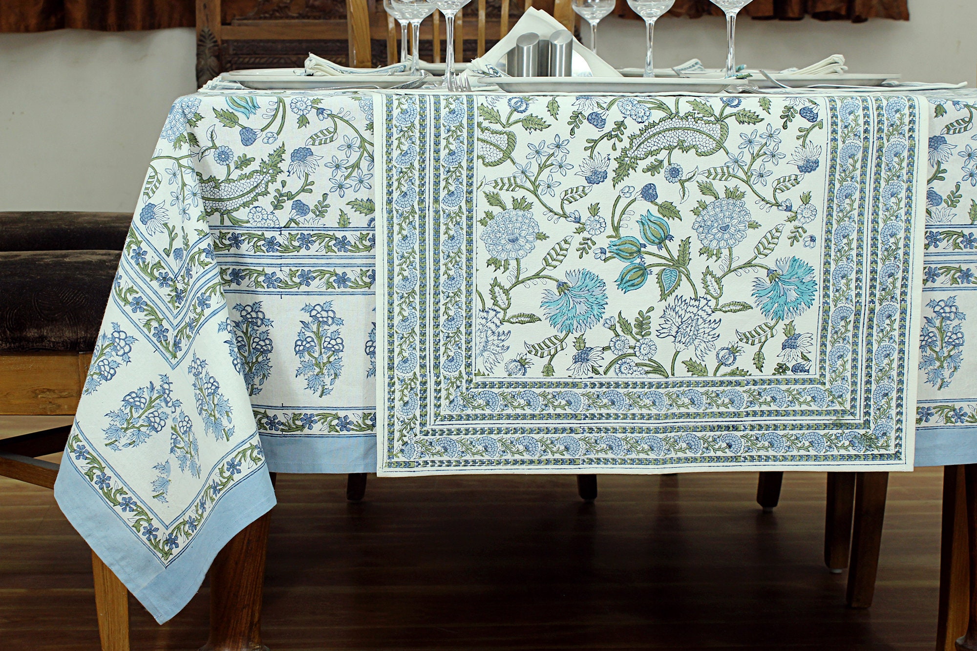 Baby Blue and White Block Printed Table Cloth Rectangular - Etsy