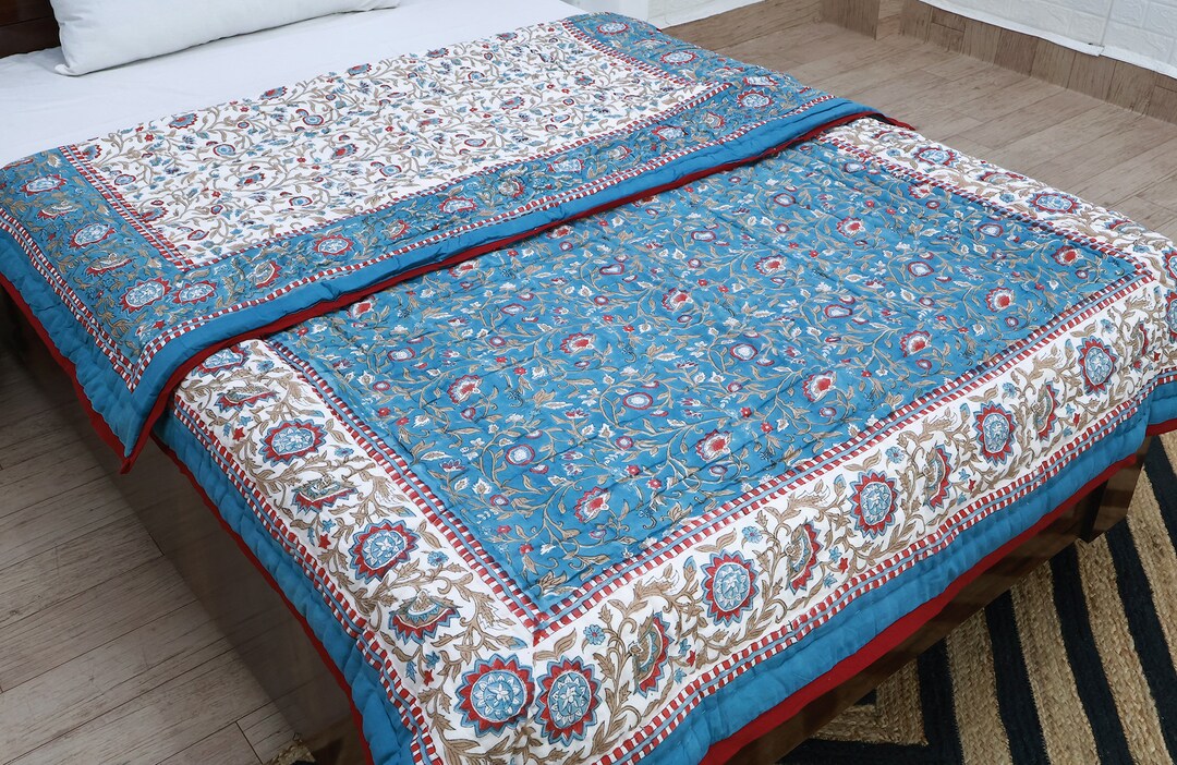 Blue Color Block Print Quilt King Queen Quilt, Handmade Jaipur Quilt ...