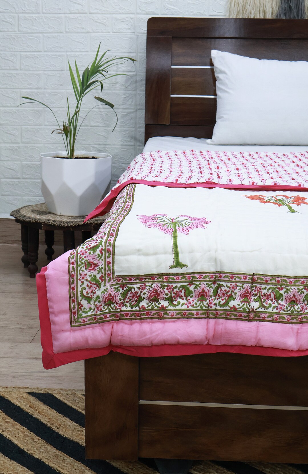 White and Pink Traditional Handmade Cotton Razai, Ethnic Winter Warm ...