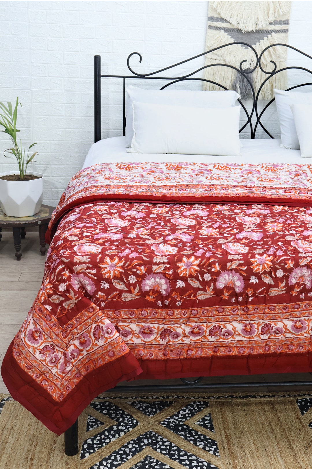 Maroon Red and Orange Hand Block Printed Cotton Quilt Indian Reversible ...