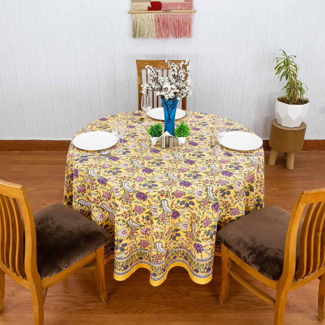 Yellow Round Tablecloth, India Block Print, Floral Cotton Tablecloth ...