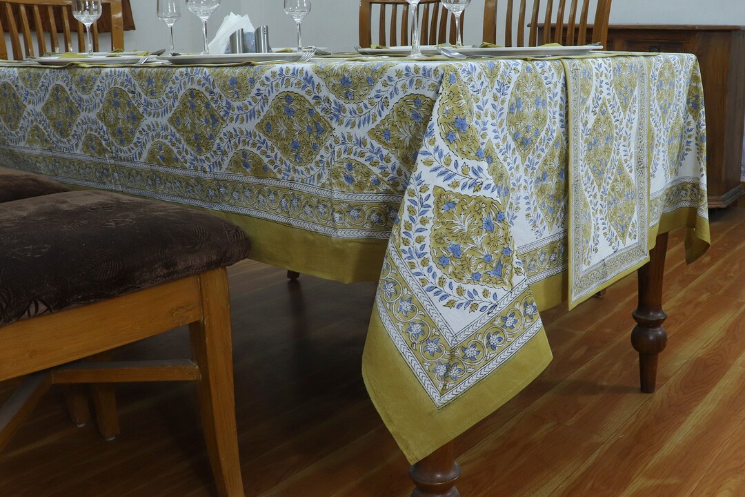 Olive Green Tablecloths, Cotton Table Cover, Wooden Block Prints ...
