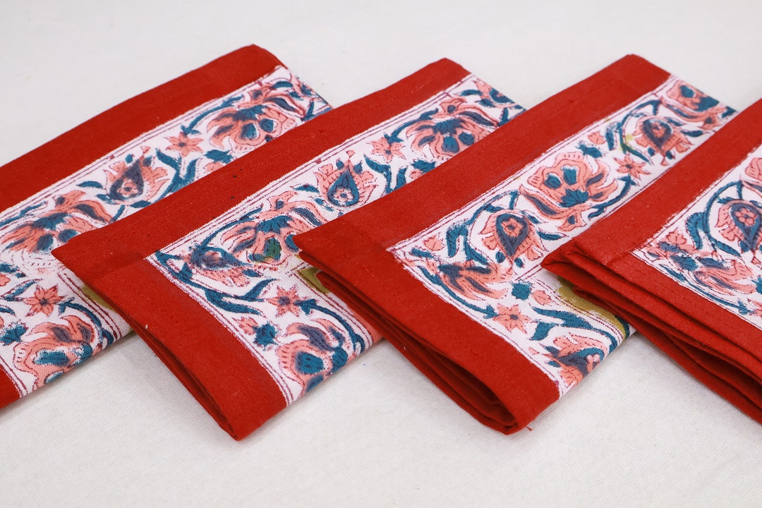 Red Borders and Faded Pink Floral Hand Block Printed Cotton Cloth Table ...