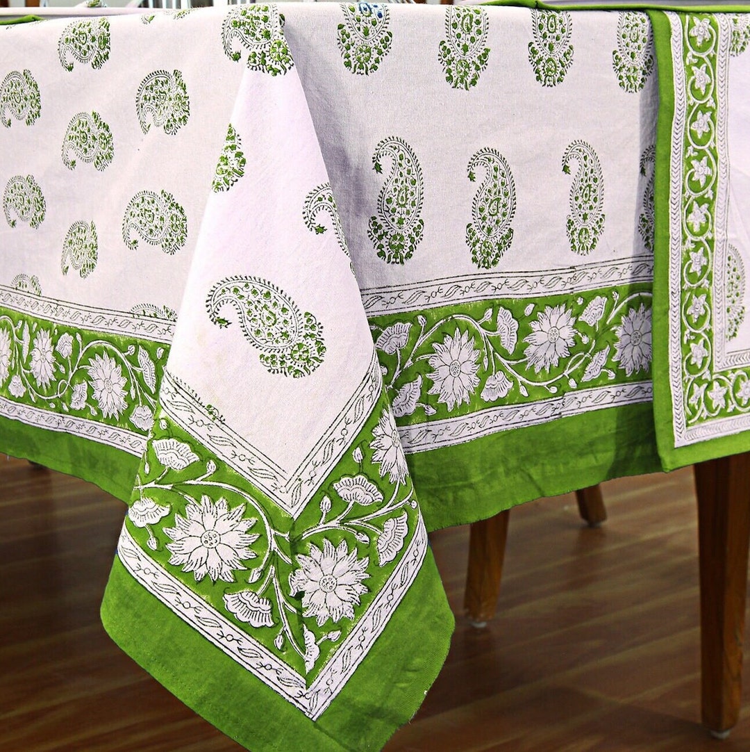 Green and White Indian Hand Block Floral Printed Tablecloth, Cotton ...